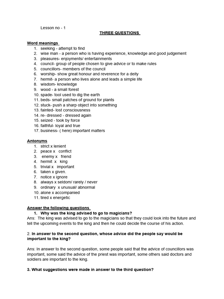 G7 English L1 the Three Questions Notes | PDF