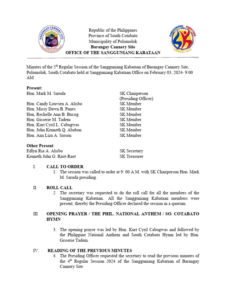 Minutes of The Meeting-5th Regular Session | PDF