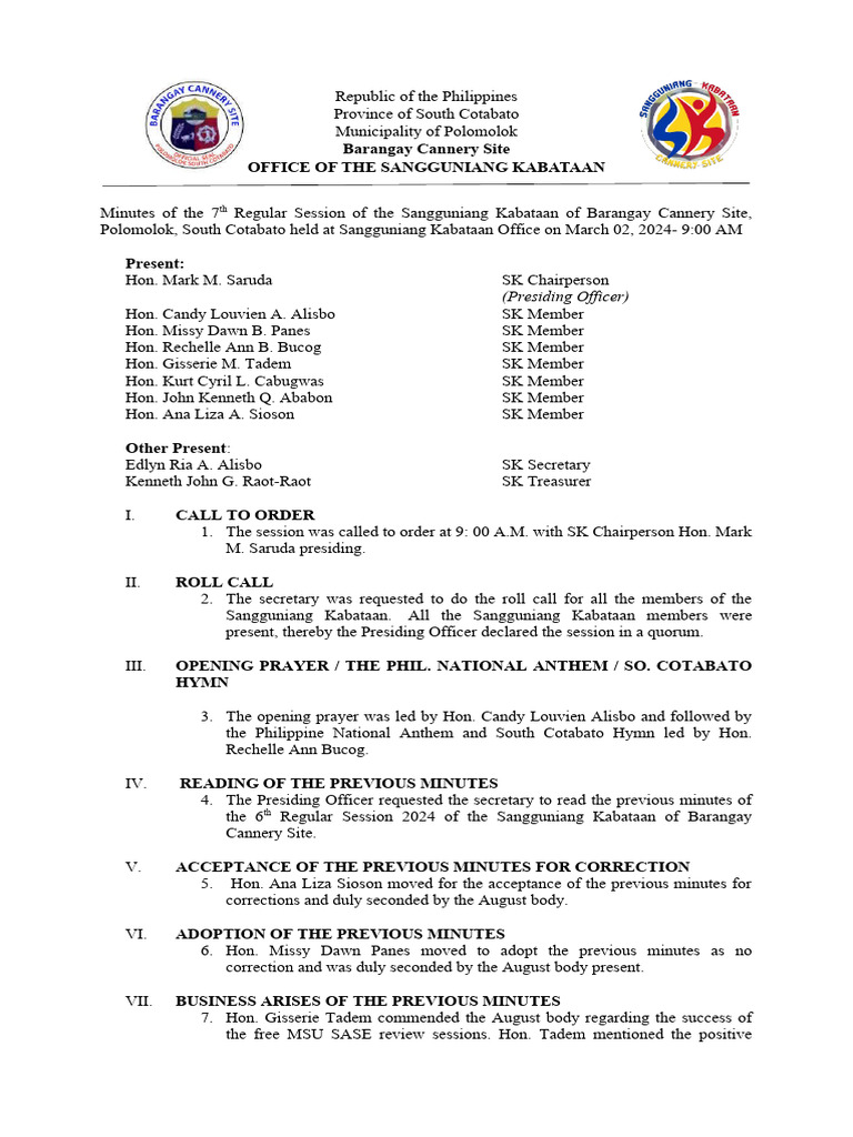 Minutes of The Meeting-7th Regular Session | PDF