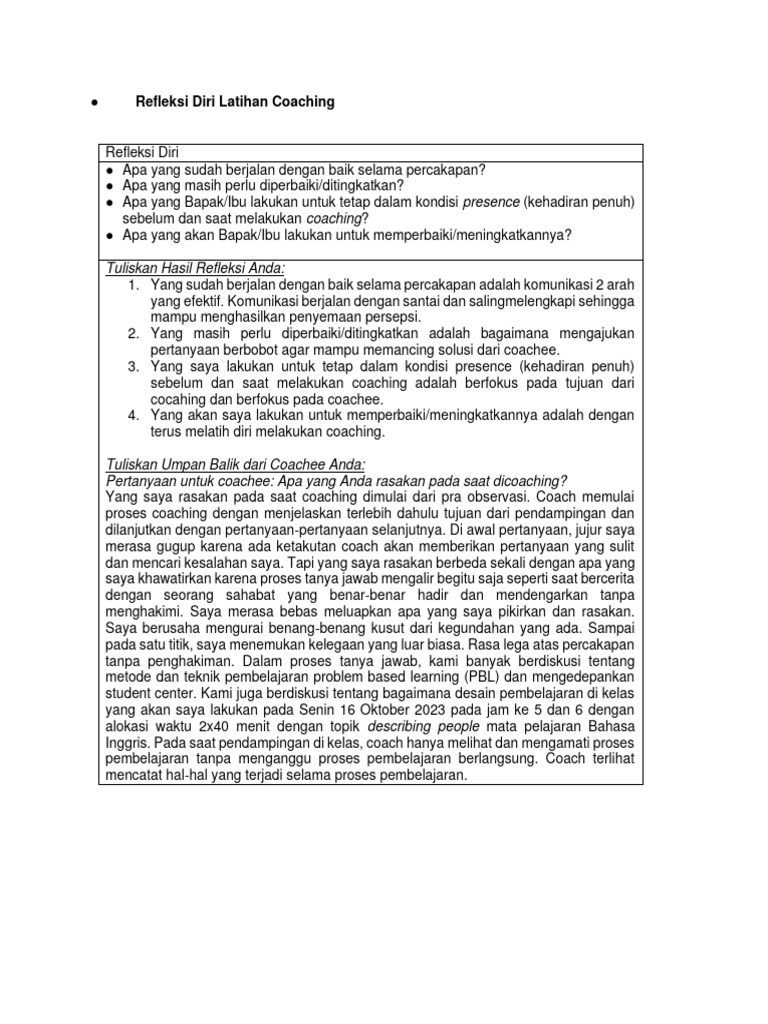 5 - Lembar Refleksi Diri Latihan Coaching | PDF | Gaya Hidup