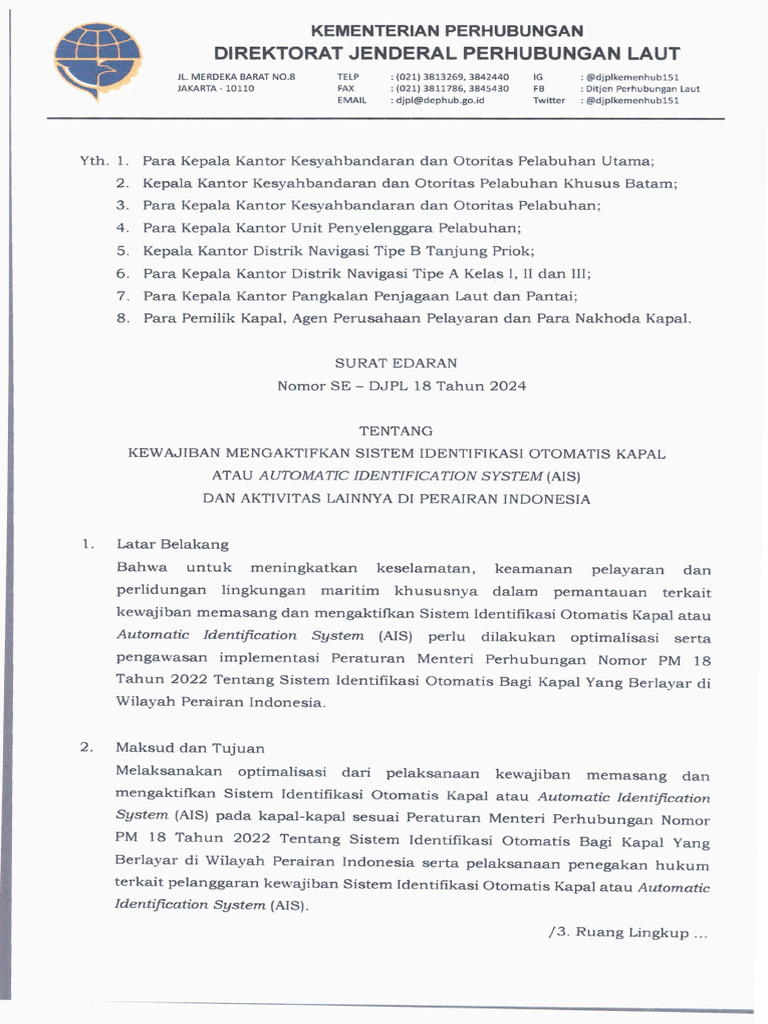 SE DJPL 18 Tahun 2024 Tentang Kewajiban Mengaktifkan AIS | PDF