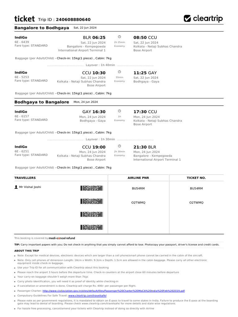 Cleartrip Flight E-Ticket | PDF | Aviation | Transport
