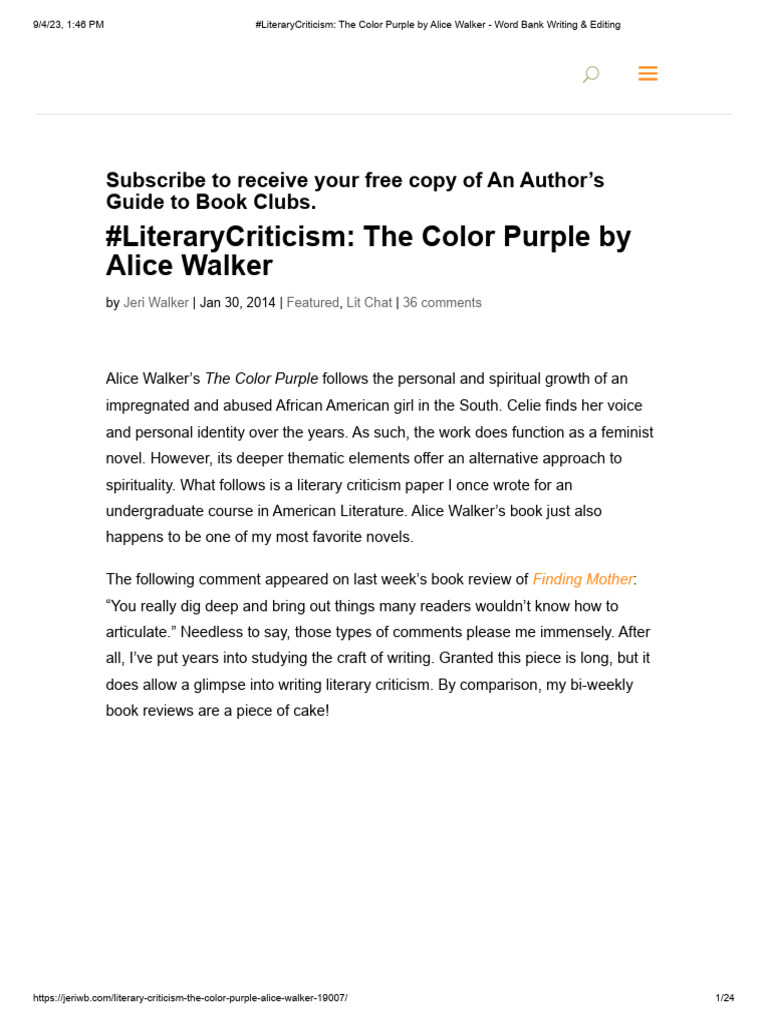 #LiteraryCriticism - The Color Purple by Alice Walker - Word Bank ...