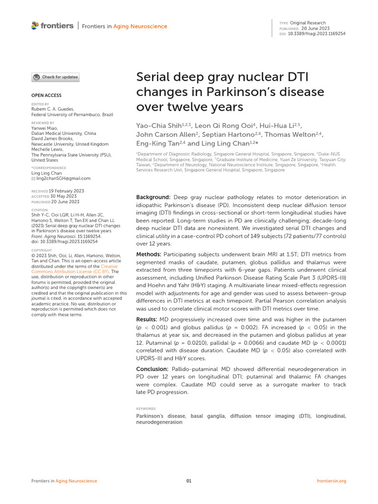 Serial Deep Gray Nuclear DTI Changes in Parkinson's Disease Over Twelve ...