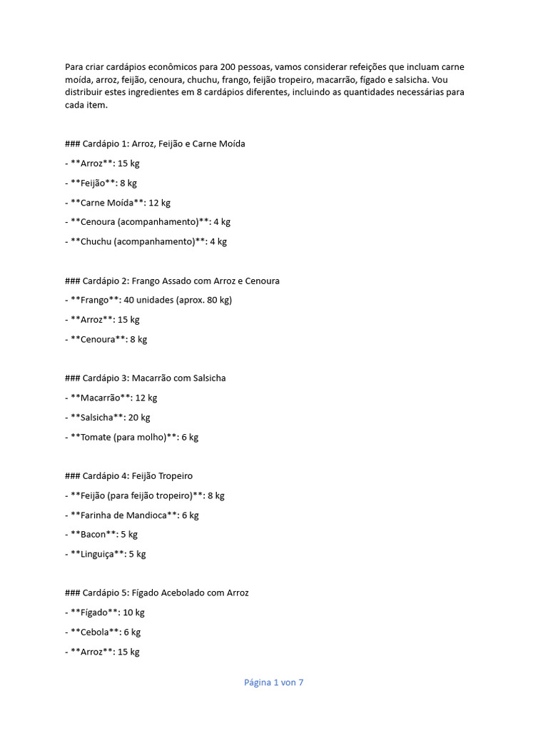 Cardápios Econômicos para 200 Pessoas | PDF | Alimentos | Culinária