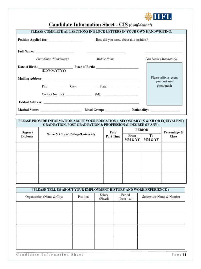 Candidate Information Sheet - CIS | PDF