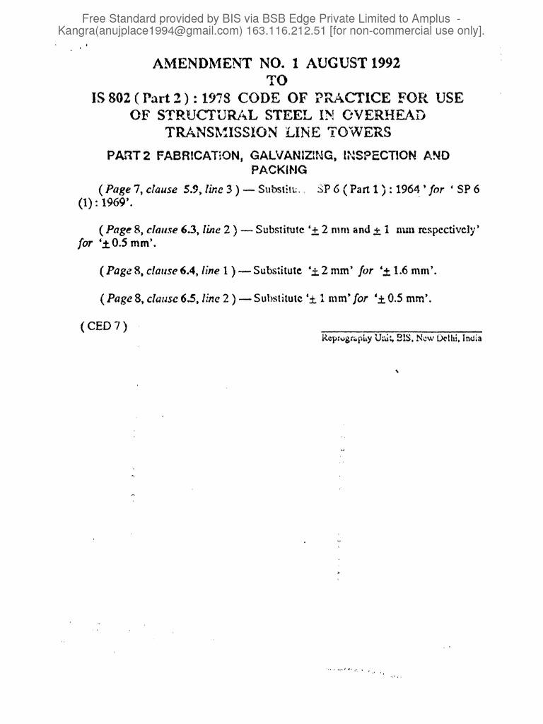 Amendment to IS 802:1978 for Steel Towers | PDF