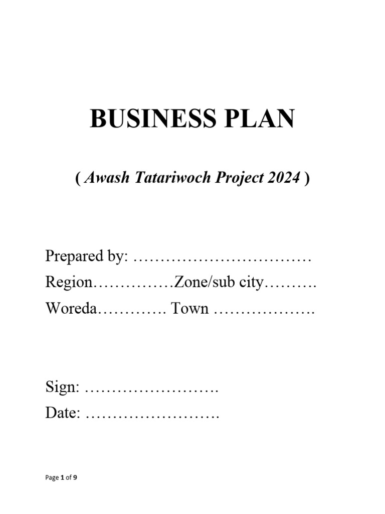 Business Plan Template Awash Tatariwoch 2024 | PDF | Prices | Financial ...
