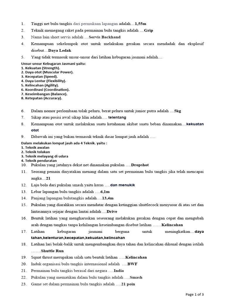 Kisi-Kisi SAS Genap PJOK Kelas X TA. 2023-2024 | PDF | Olahraga & Rekreasi