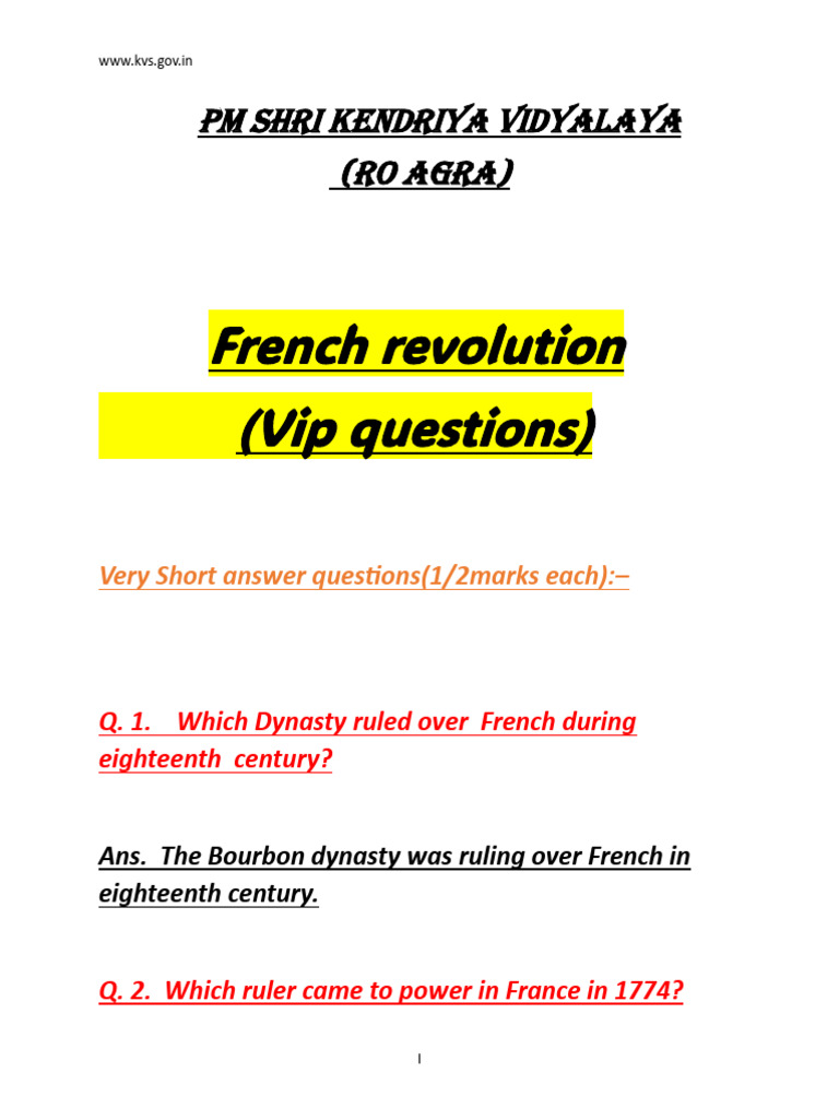 French Revolution (Vip Questions) : PM Shri Kendriya Vidyalaya (Ro Agra ...