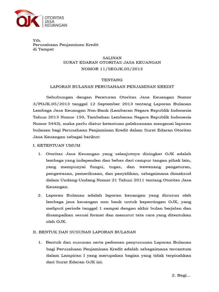 SEOJK 11/2013: Laporan Bulanan Kredit | PDF