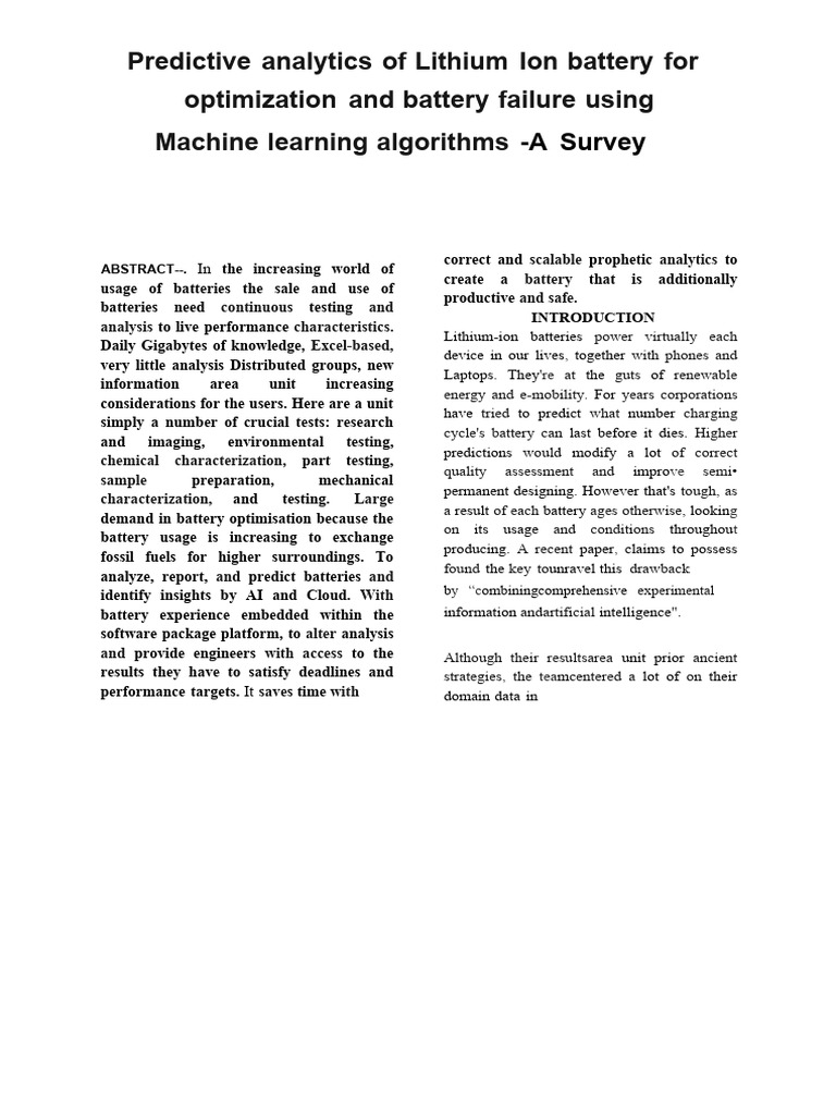 Predictive Analytics of Lithium Ion Battery For Optimization and Battery Failure Using Machine ...