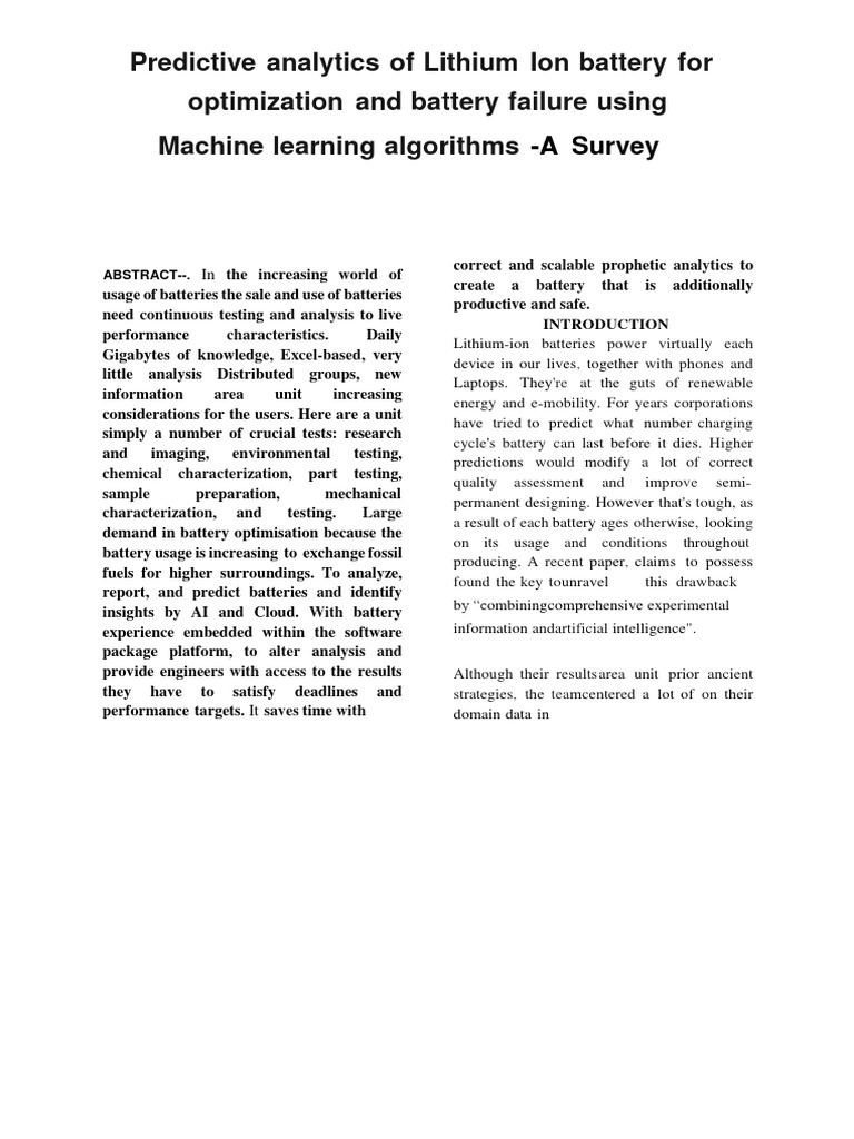Predictive Analytics Of Lithium Ion Battery For Optimization And