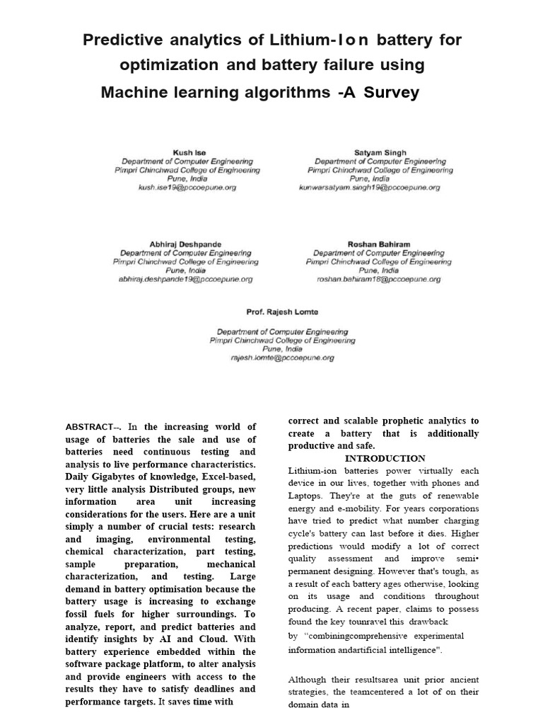 Predictive analytics of Lithium Ion battery for optimization and battery failure using machine ...
