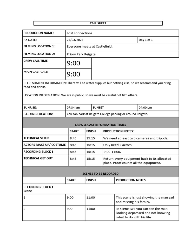 call sheet 2 copy | PDF