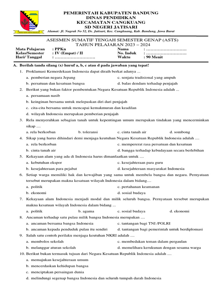 Soal Asts PPKN Semester 2 Kelas 4 SDN Jatisari Ta2023-2024 | PDF