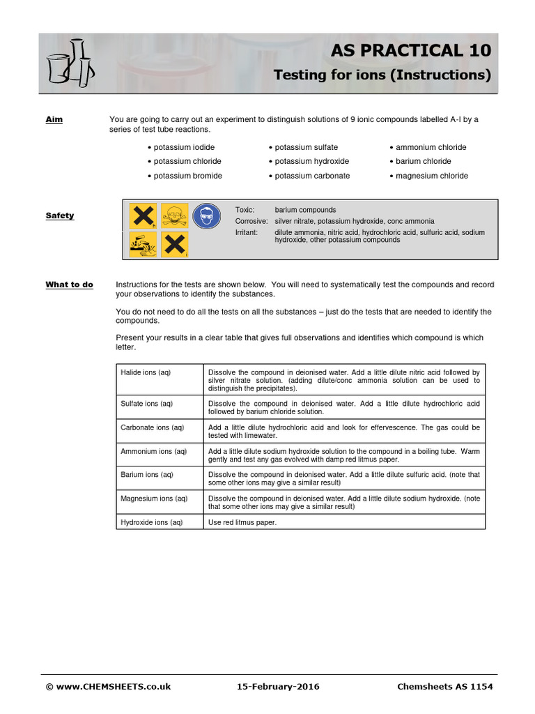 Chemsheets AS 1154 AS Prac 10 Testing For Ions Instructions | PDF ...