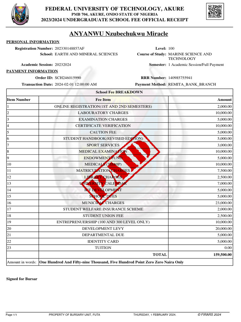 Anyanwu Nzubechukwu Miracle School Fee Receipt | PDF | Tuition Payments | Fee