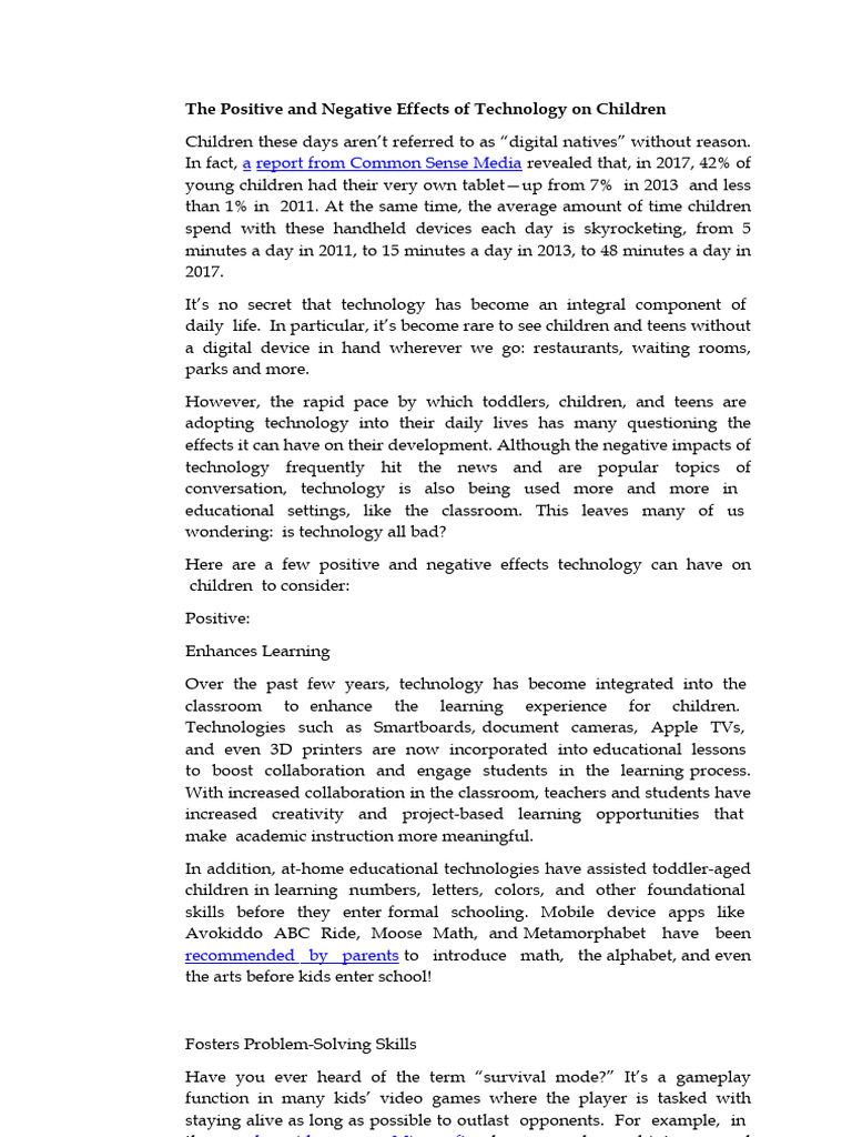 The Positive and Negative Effects of Technology On Children | PDF ...