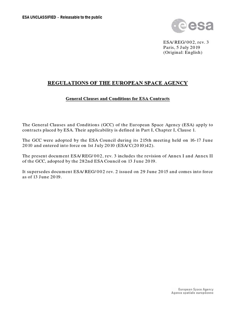 General Clauses and Conditions For ESA Contracts | PDF | Indemnity ...