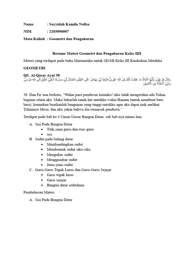 Resume Kelas III Geometri Dan Pengukuran Sayyidah Kamila Nafisa | PDF
