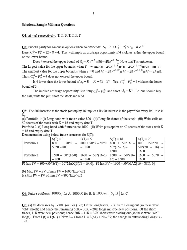 FinDer, 2023-24, Sample Midterm Exam QS, Solution | PDF | Money | Financial Markets
