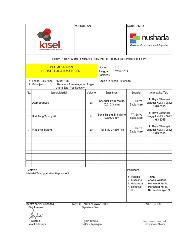 Material Aproval - Atap & Talang - Kisel Hub - Nushada | PDF