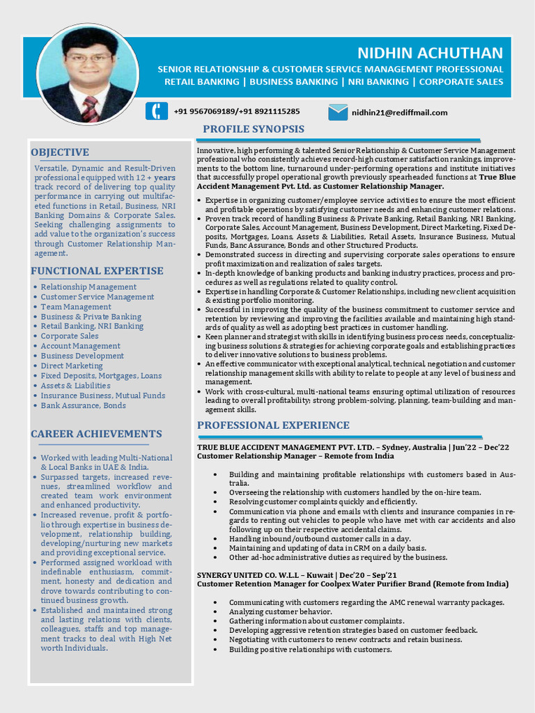 Resume Nidhin Achuthan | PDF | Banks | Business