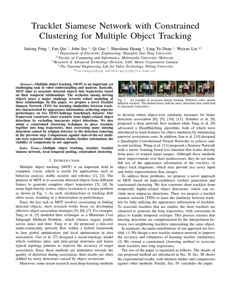 Tracklet Siamese Network With Constrained Clustering For Multiple Object Tracking | PDF ...
