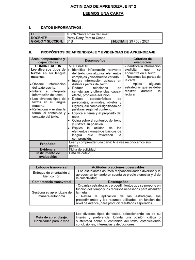 ACTINIDAD DE APRENDIZAJE N 2 | Descargar gratis PDF | Aprendizaje | Evaluación