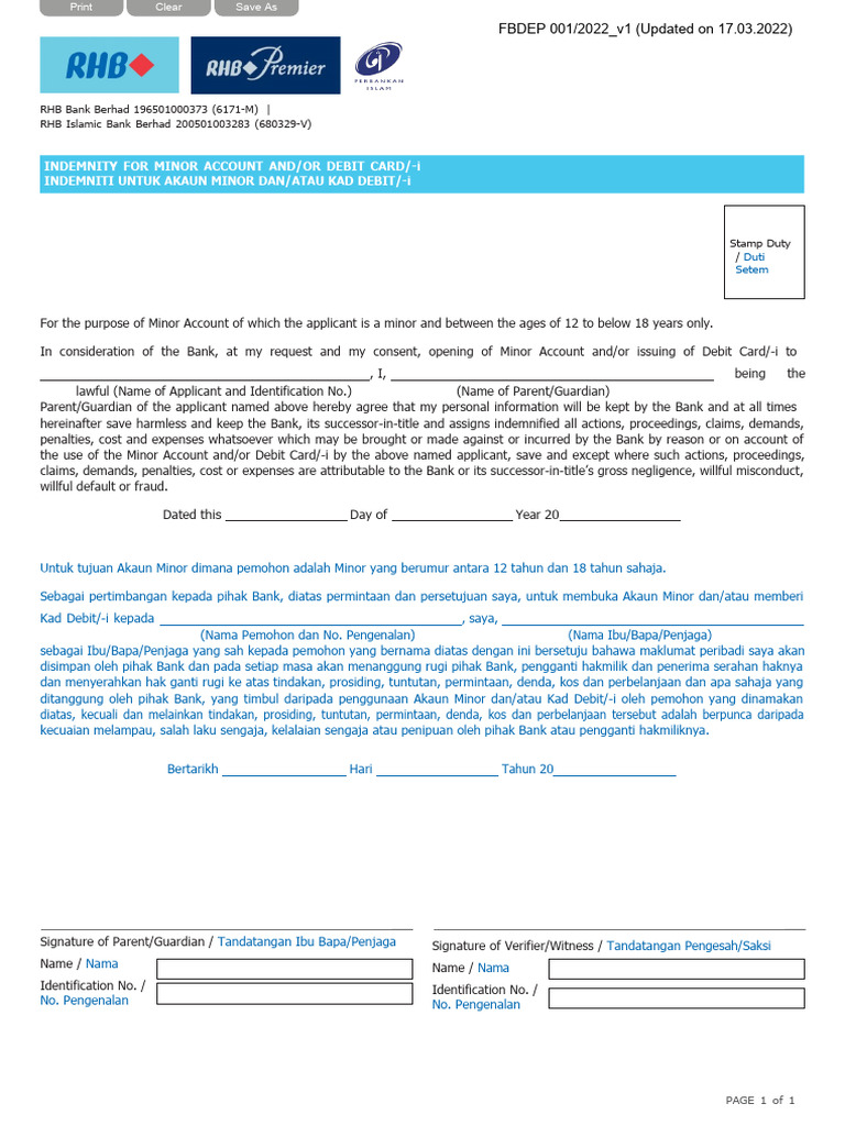 Surat Idemniti or Letter of Indemnity RHB BANK | PDF