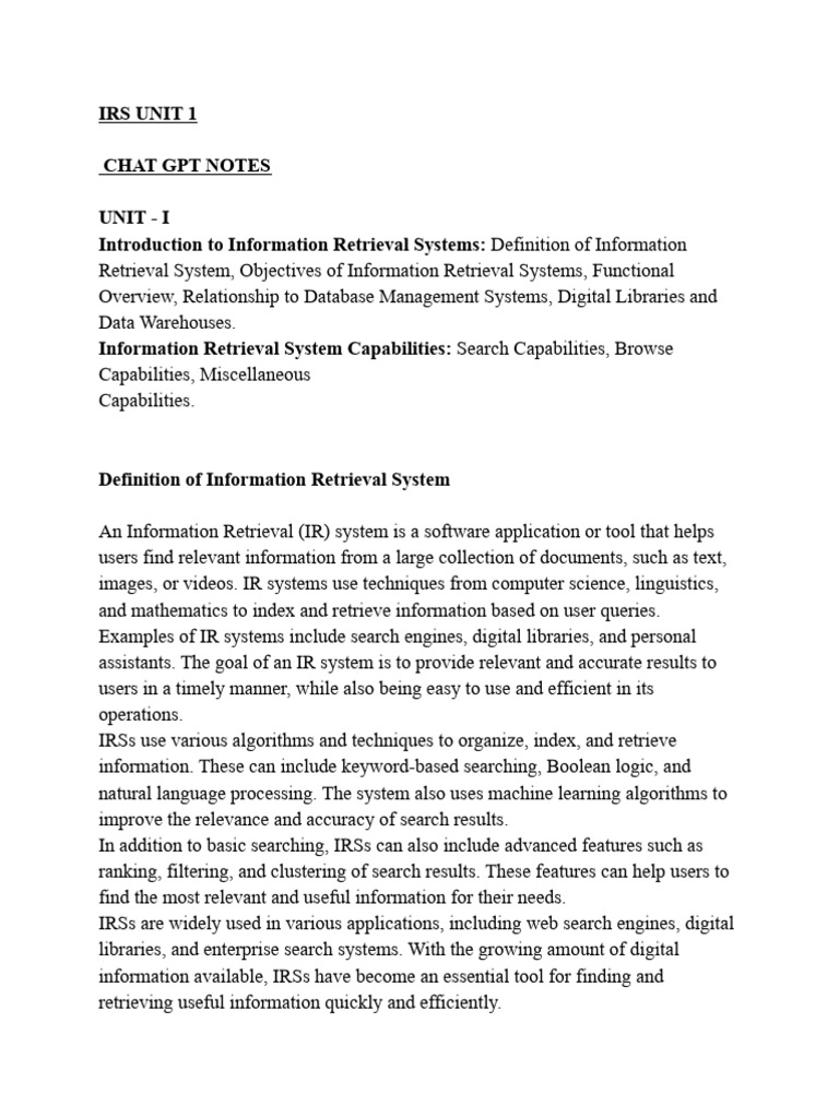Irs Unit 1 Chat GPT Notes | PDF | Databases | Information Retrieval