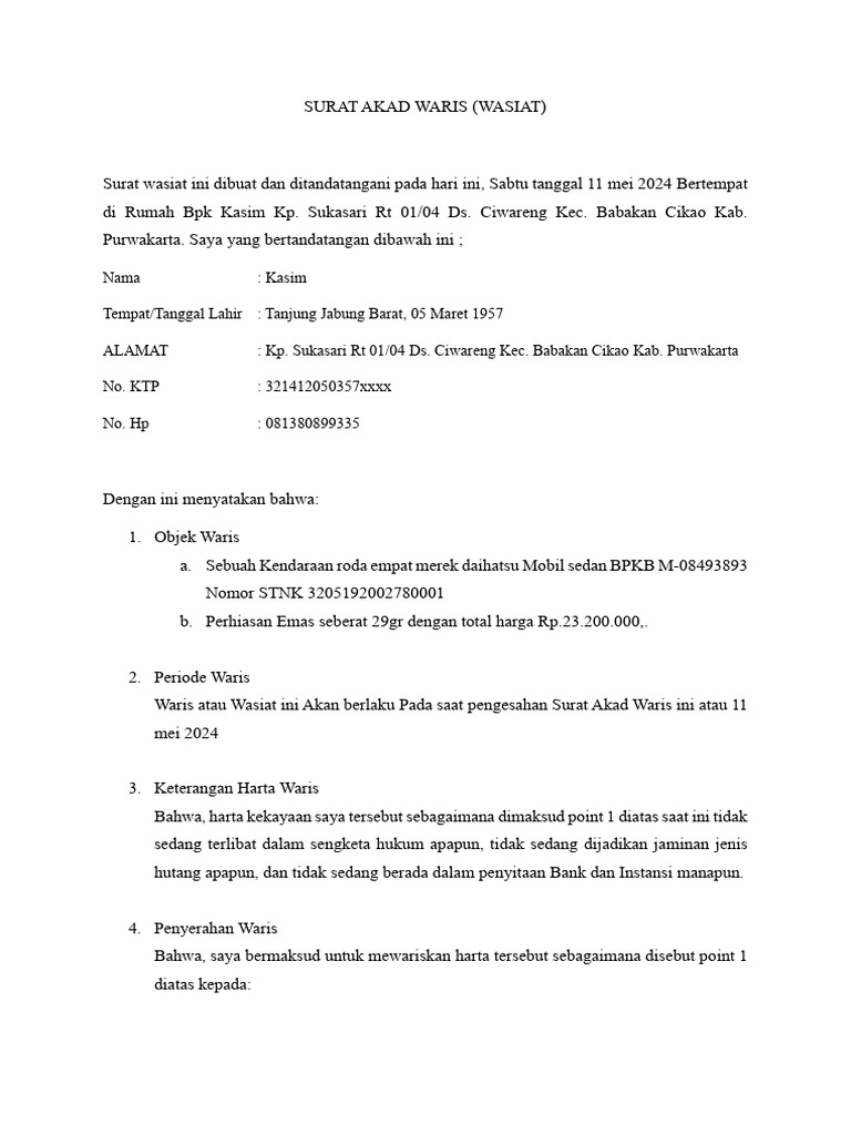 Surat Wasiat Waris Kasim 2024 | PDF