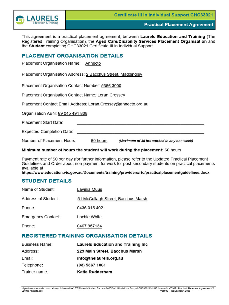 CHC33021 Practical Placement Agreement V2 Lavinia Annecto | PDF ...