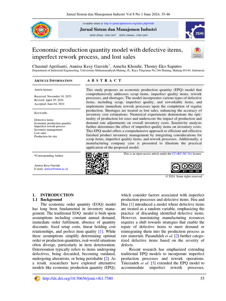 Economic Production Quantity Model With Defective Items, Imperfect ...