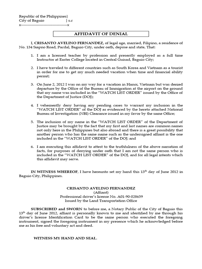 Affidavit of Denial - Antz | Download Free PDF | Affidavit | Civil Law ...