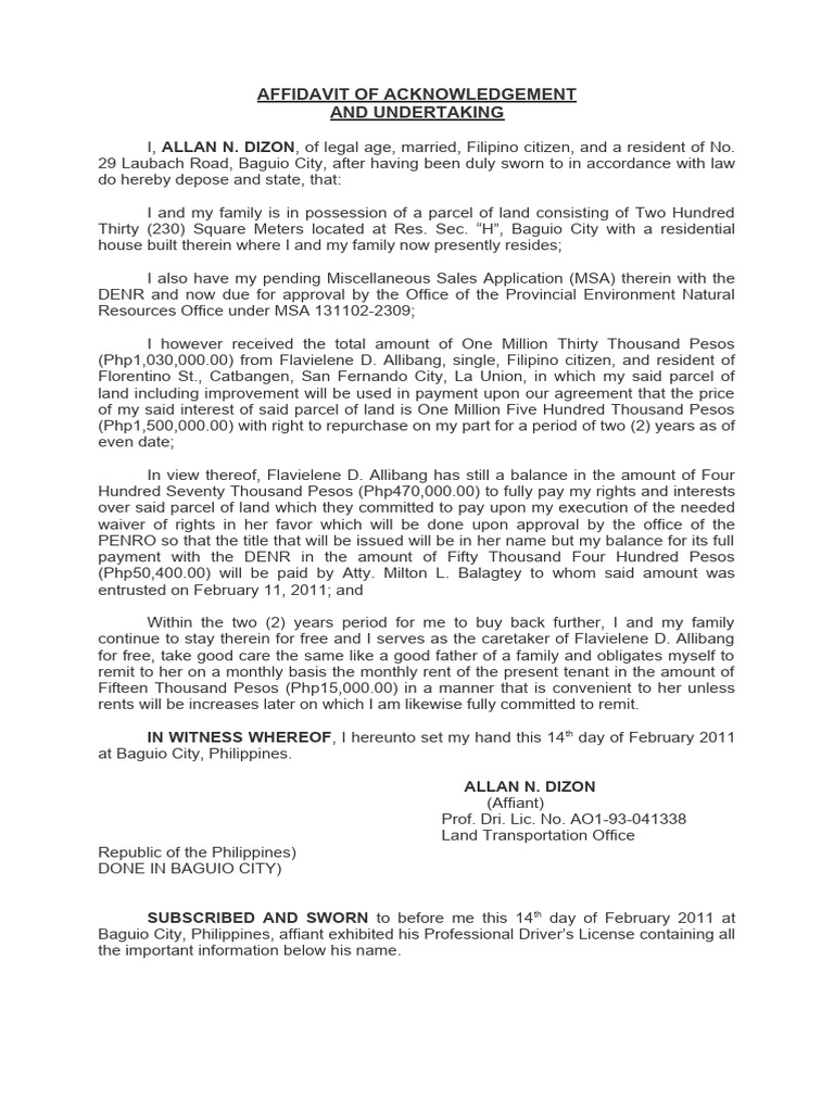 Affidavit of Acknowledgment and Undertaking | PDF