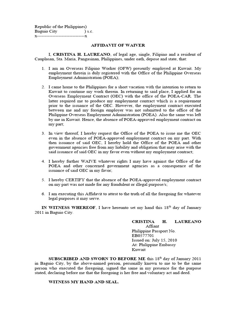 Affidavit of Waiver Free Patent | PDF | Affidavit