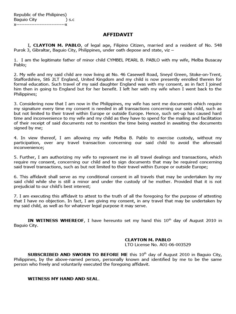 Affidavit of Consent - Pablo | PDF | Affidavit | Justice