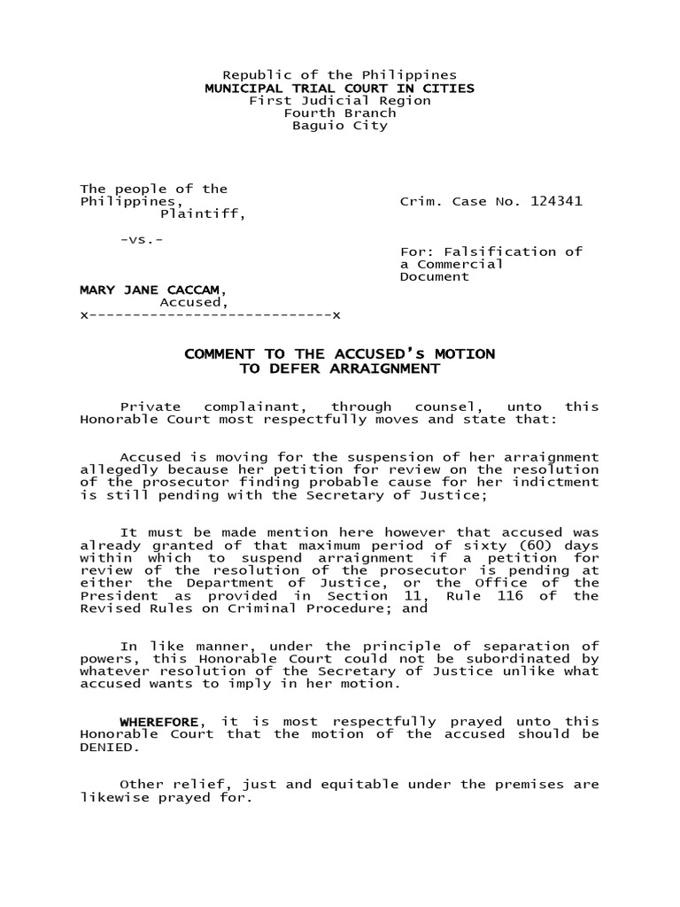 Comment To The Motion To Defer Arraignment - Oks Design | PDF ...