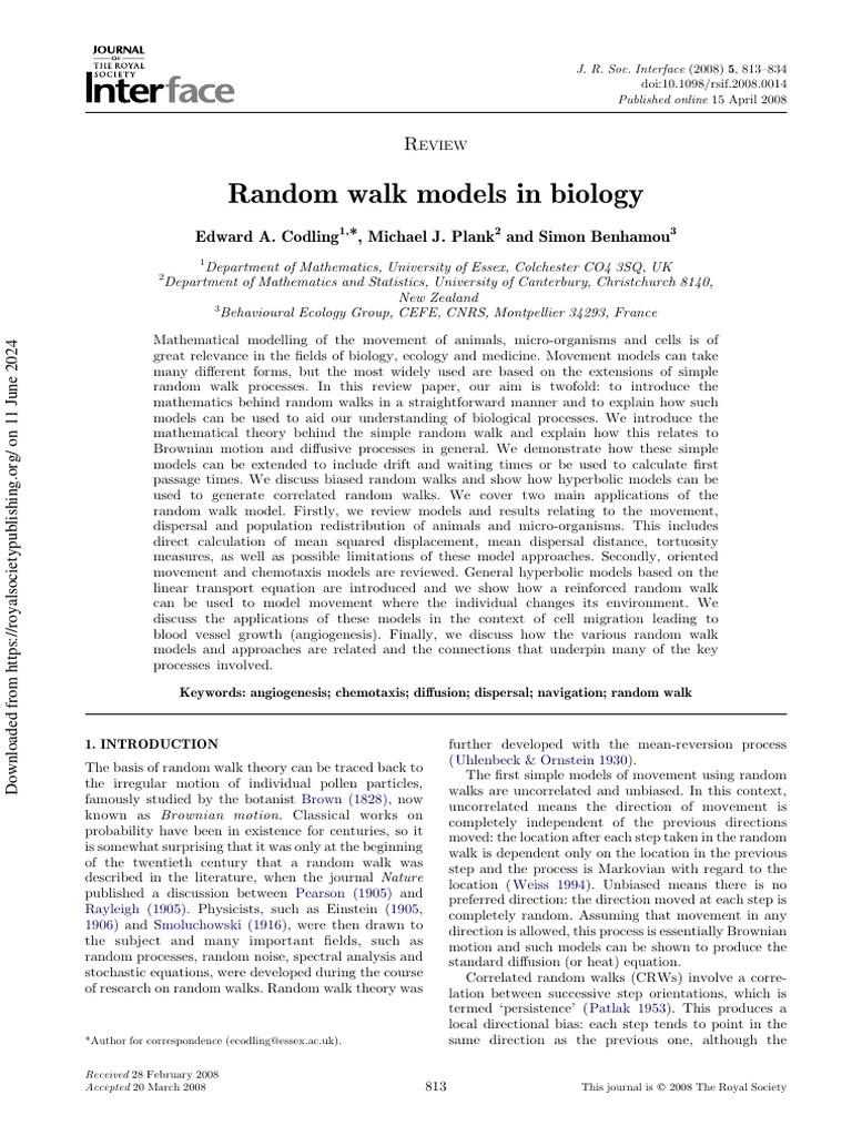 Codling Et Al 2008 Random Walk Models In Biology Pdf Diffusion