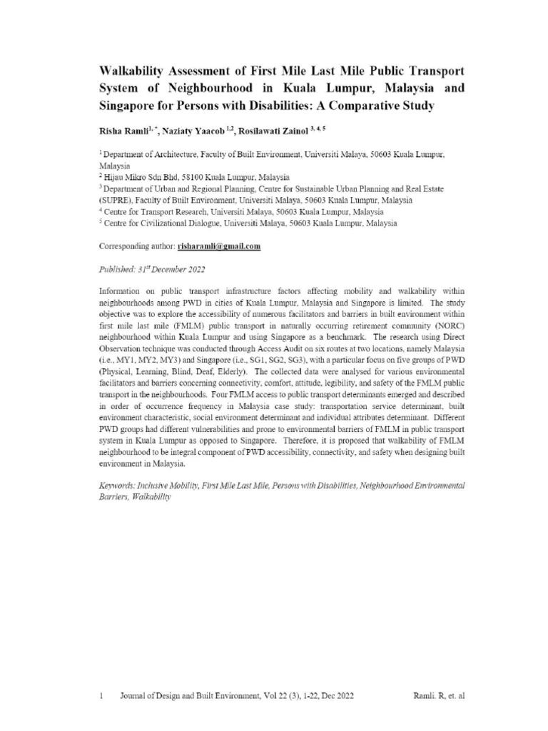 Walkability Assessment First Mile Last Mile Kuala Lumpur | PDF