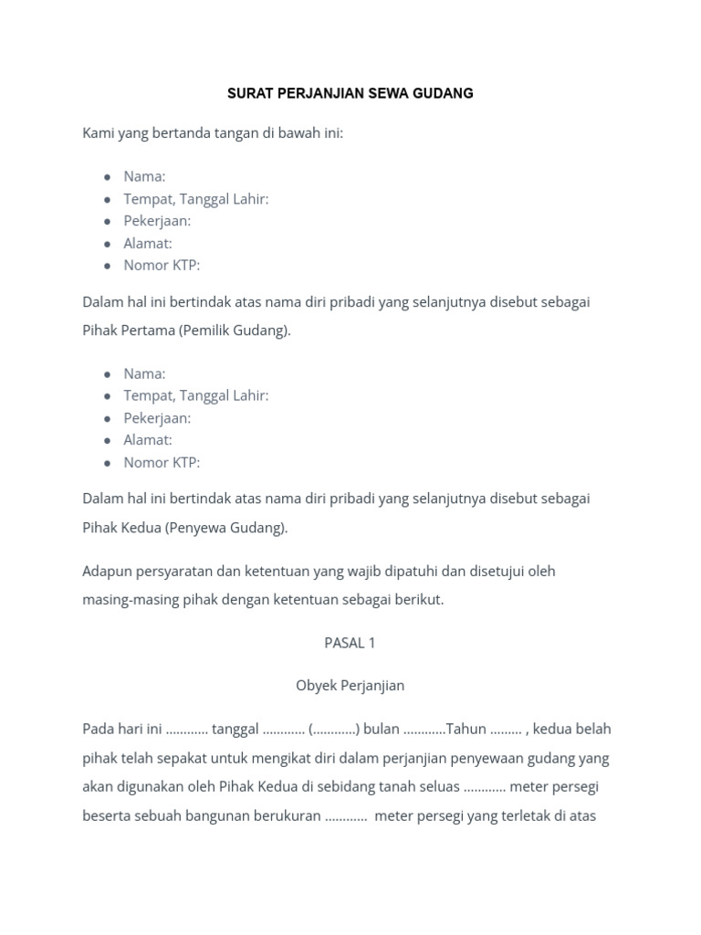Contoh Surat Perjanjian Sewa Menyewa Gudang | PDF