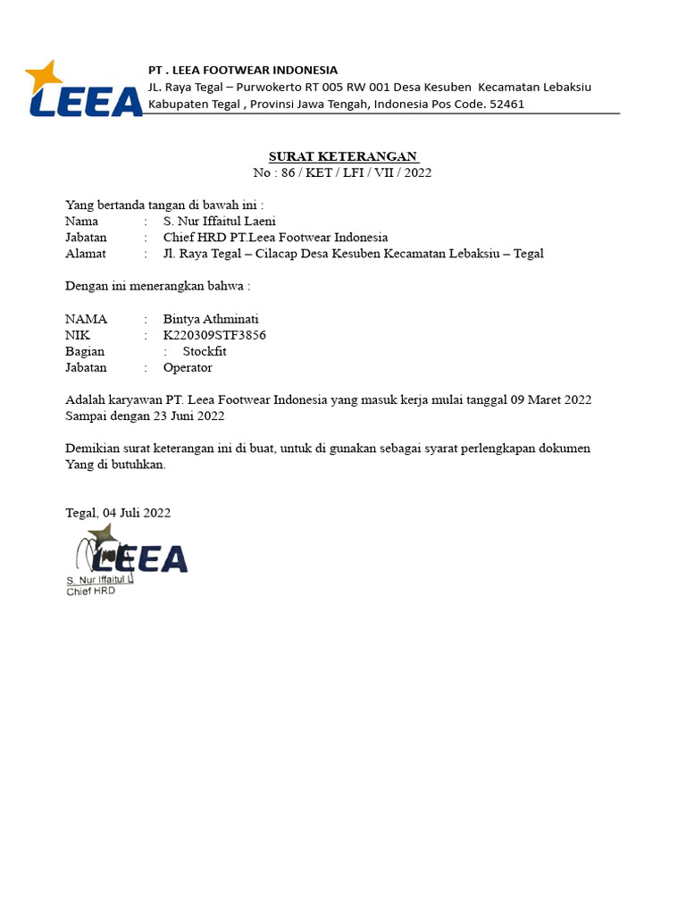 Surat Keterangan Karyawan PT Leea | PDF