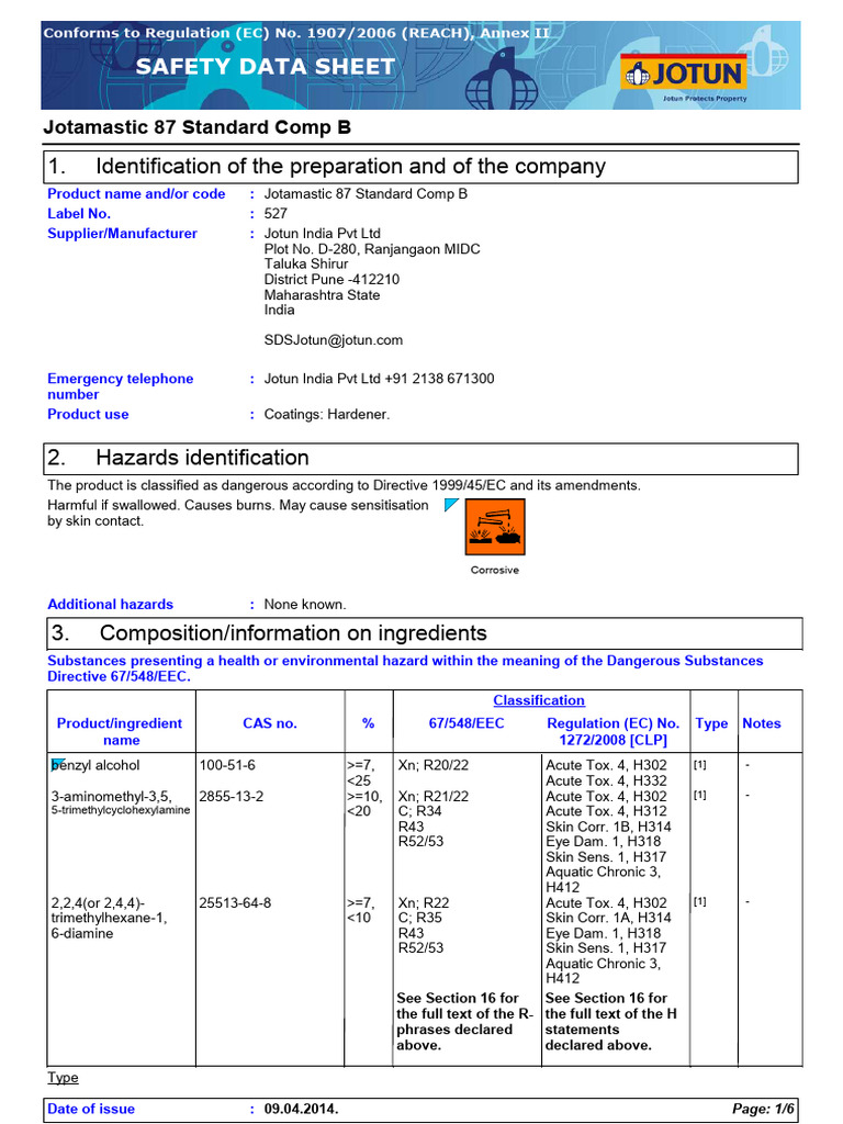 Jotamastic 87 Comp B Safety Data | PDF | Regulation | Hazards