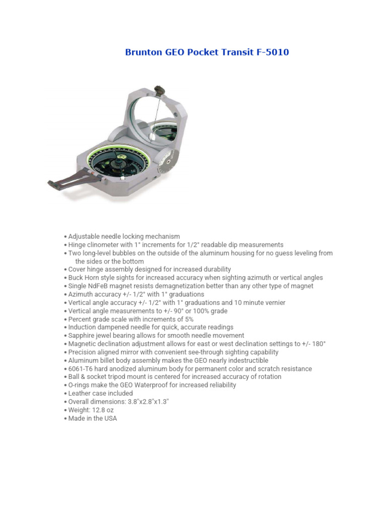 Brunton GEO Pocket Transit F-5010 Features | PDF | Science ...