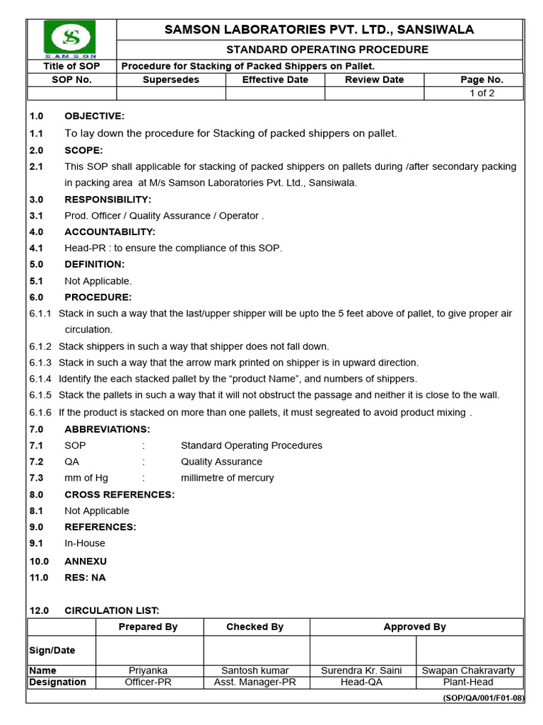 Procedure For Stacking of Packed Shippers On Pallet. | PDF | Quality ...