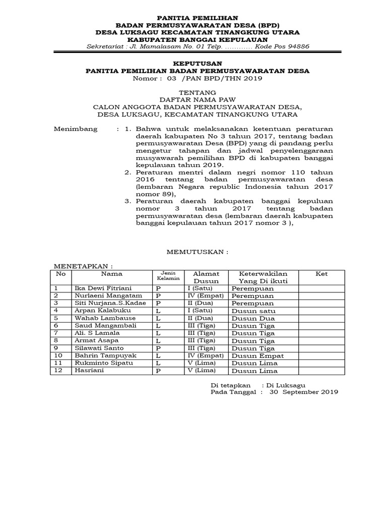 PANITIA PEMILIHAN BPD | PDF