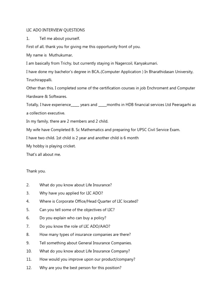 Lic Ado Interview Questions | PDF | Insurance | Life Insurance Lic Ado Interview Questions | PDF | Insurance | Life Insurance