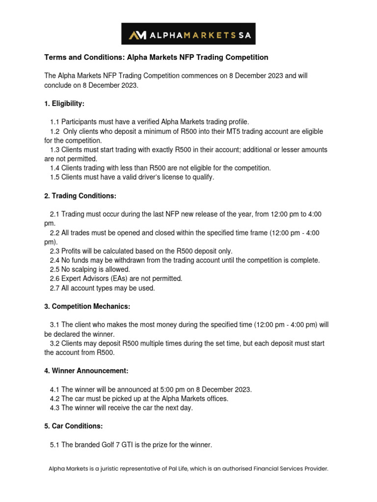Terms and Conditions - Alpha - Markets NFP Trading Competition | PDF ...